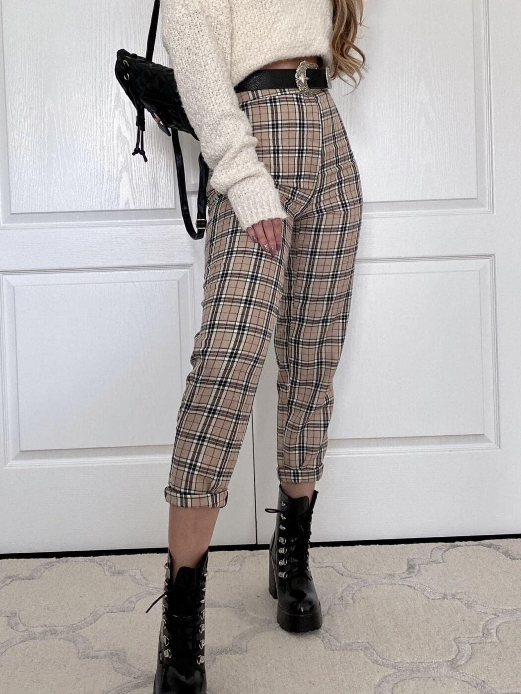 beige plaid pants - Kerina Wang